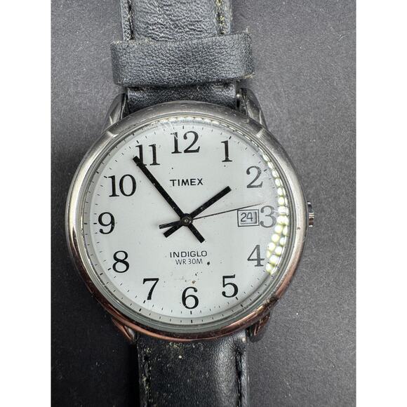 Timex | Accessories | Timex Indiglo Wr 3m Easy Reader Watch White Dial Black Leather Band 35mm ...